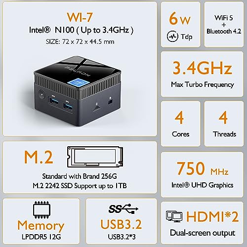 PELADN WI-7 Mini PC Win 11 Pro, Intel 12th Gen N100(up to 3.4GHz),Mini Computer DDR5 6400 MHz 12GB RAM/256GB M.2 SSD, 4K UHD, Bluetooth 4.2, LAN & HDMI2.0,WiFi5 for Business Home/Office/HTPC