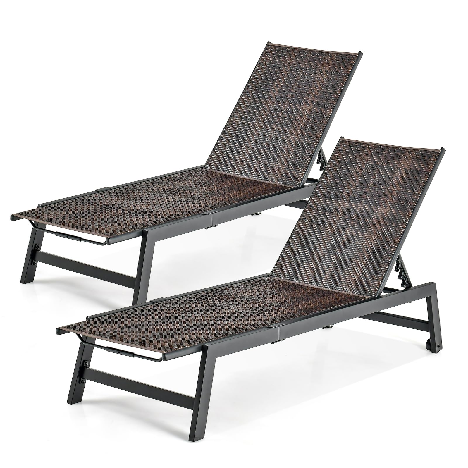 DORTALA Chaise Lounge Chair Outdoor, Patio PE Rattan Recliner with Adjustable Backrest & Wheels, Wicker Tanning Chair for Backyard, Deck, Poolside, Beach (Set of 2)