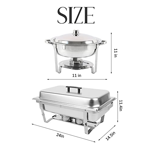 Restlrious Chafing Dish Buffet Set 4 Pack, Stainless Steel 5 QT Round & 8 QT Rectangular Foldable Chafers and Buffet Warmers Set, Full Size w/Water Pan, Food Pan, Fuel Holder & Lid for Catering Event