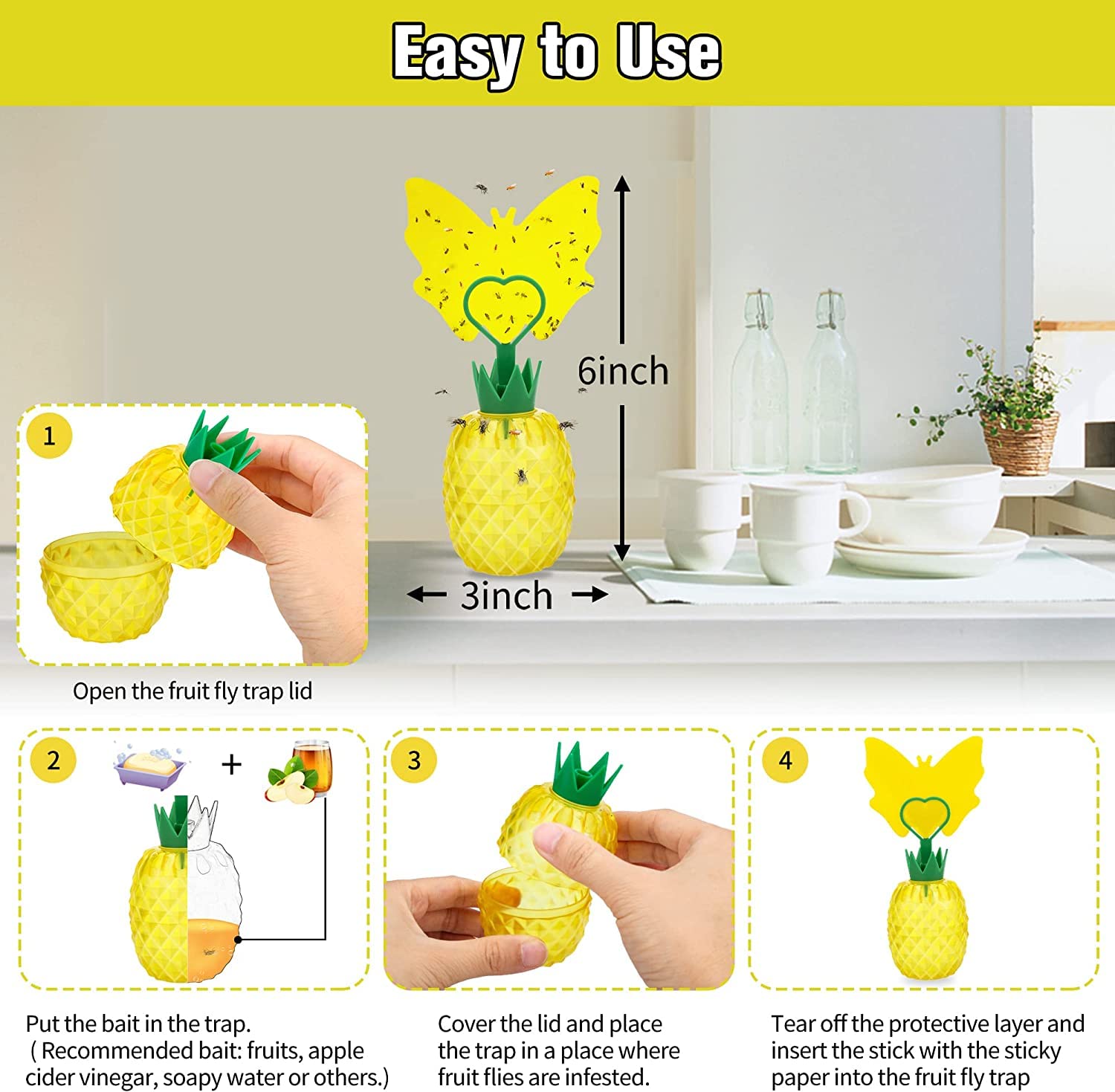 Fruit Fly Trap with Sticker, 2023 Upgrade Effective Fly Catcher Gnat Traps for House Indoor, Safe Non-Toxic Reusable Fruit Fly Gnat Killer with Fruit Fly Attractant for Home, Plant, Kitchen (2 Pack)