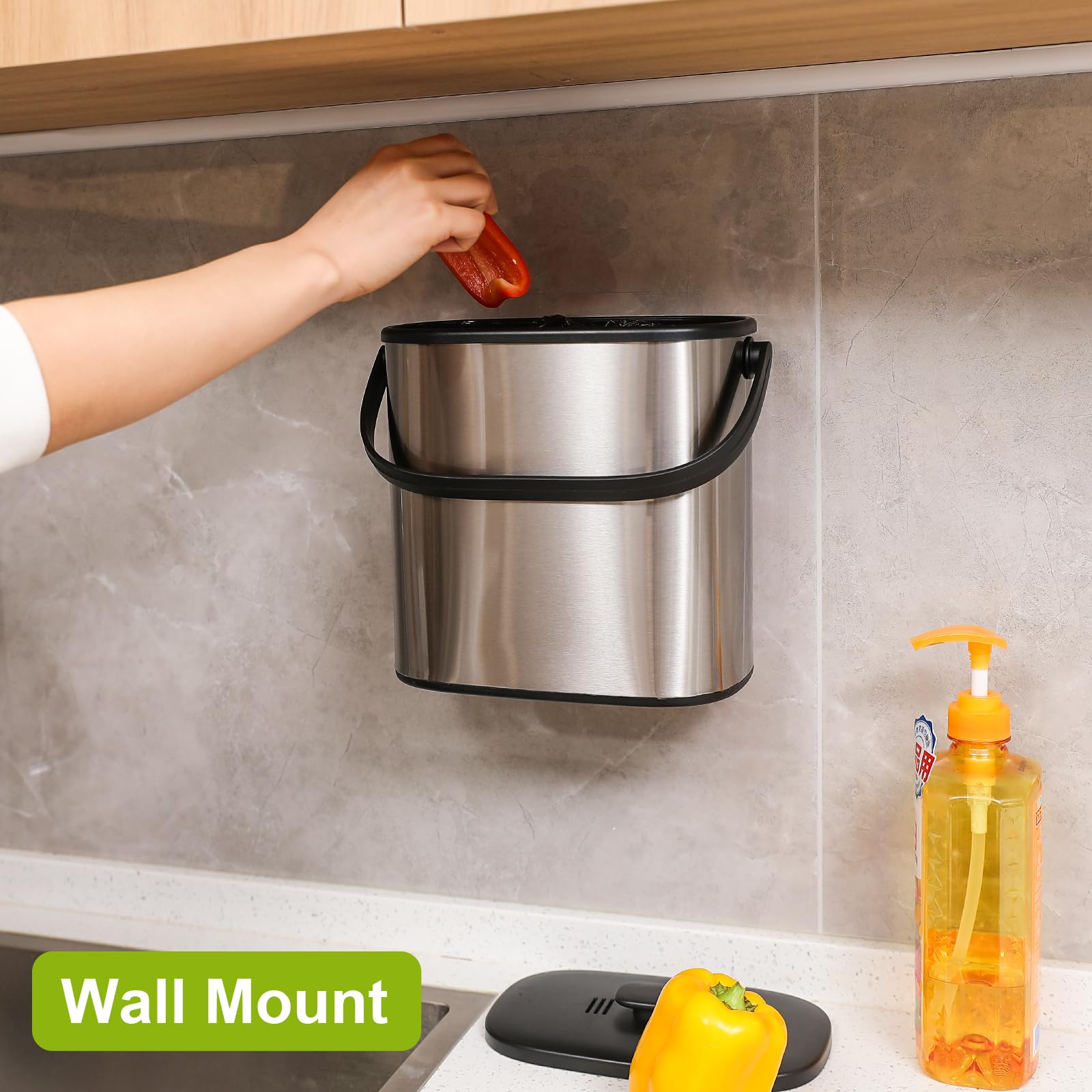 Tegneo Kitchen Compost Bin Countertop, 1.3 Gallon Stainless Steel Kitchen Garbage Can with Lid, Hanging Trash Can for Kitchen Cabinet Door, Under Sink or Wall Mount, Odorless