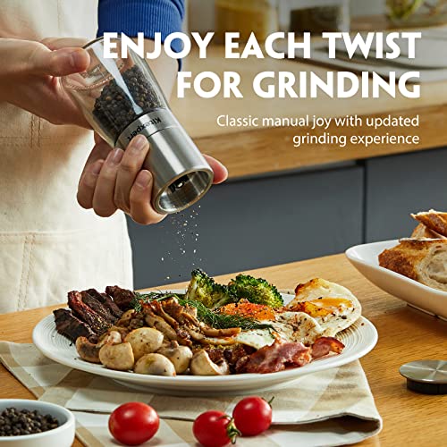 KITEXPERT Salt and Pepper Grinder Set, Chunky Glass Pepper Mill and Salt Grinder Refillable with Large Capacity & Upgraded Grinding Precision, Stainless Steel Pepper Mill Grinder