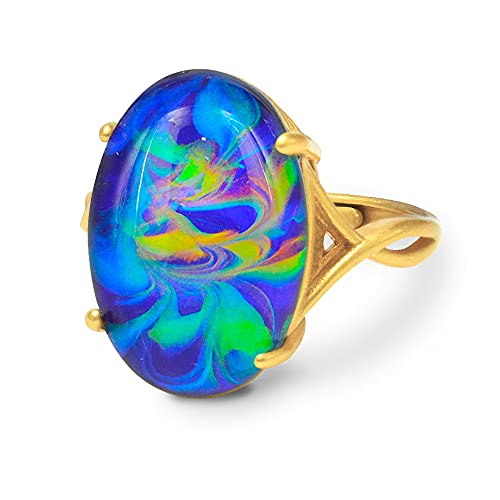 FUN JEWELS Swirl Color Change Oval Mood Ring in 24K Gold Plated, Handmade Delicate Jewelry, Size Adjustable, Gift for Women Multicolor