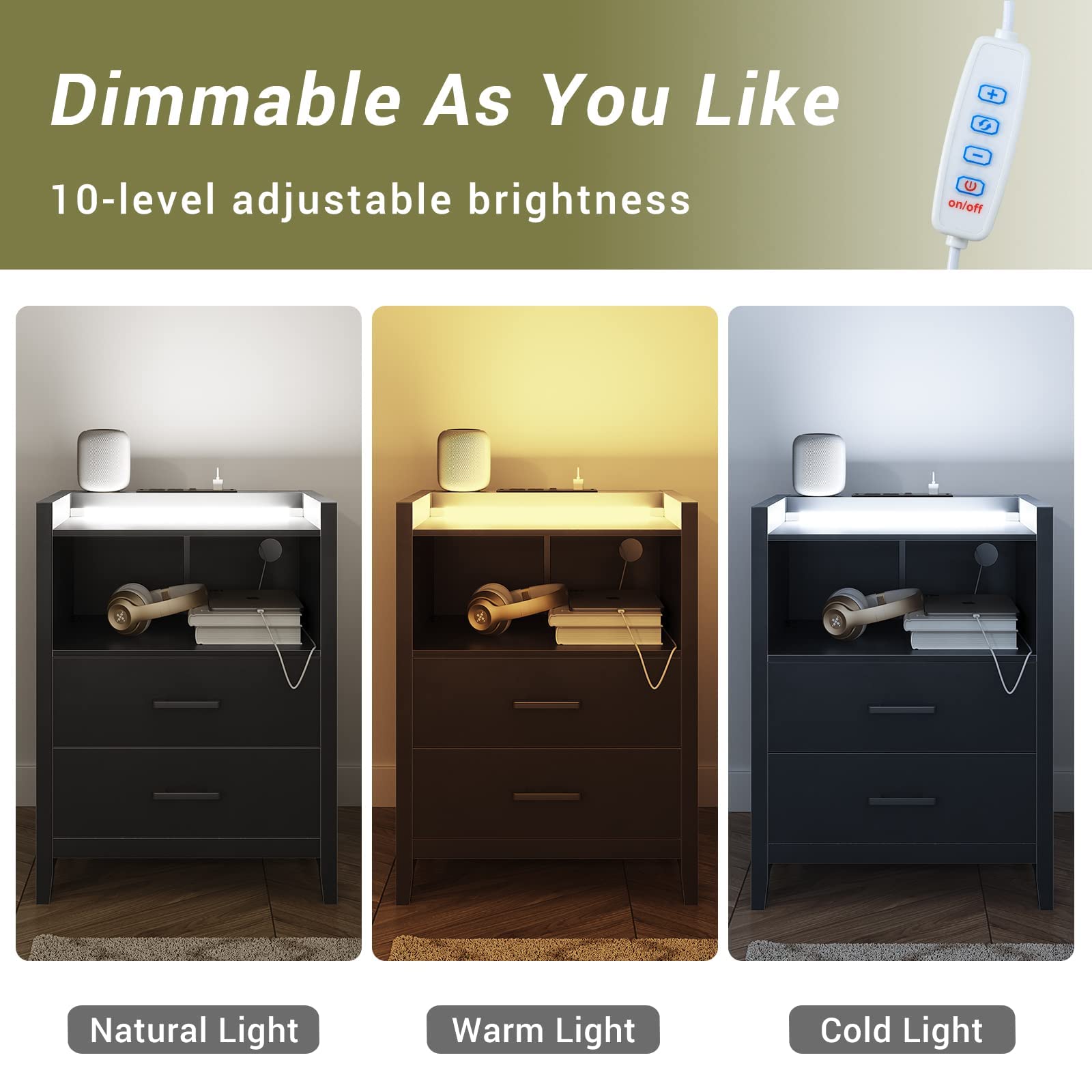 EPHEX Nightstand with LED Light & Charging Station, Black Night stand with 2 Drawers, Modern End Side Table with USB Ports, Bedside Table for Bedroom