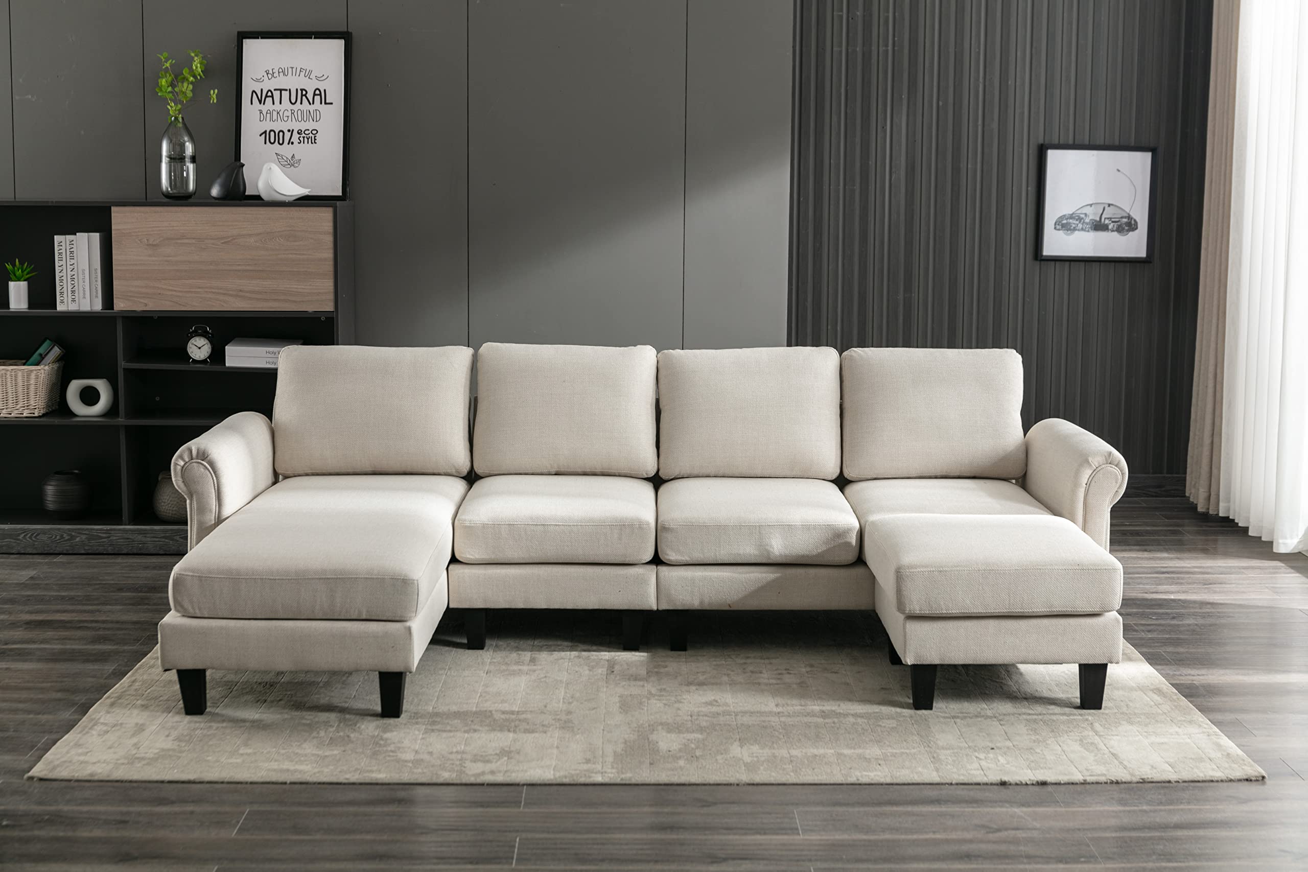 ONEMMLION U Shaped Sectional Sofa Couch with Pillows, Convertible L Shaped Linen Couch Set with Chaise Lounge & Movable Ottoman, 4 Seat Sofa Set for Living Room, 109 inches (Beige)