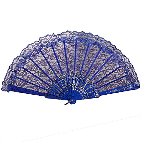 Fan Lace Wedding Chinese Silk Style Party Folding Hand Flower Dance Held Fans Wall Mount Fan Small (Blue, One Size)