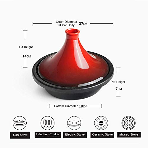 Thickened Cast Iron Tagine Pot, with Gloves Potholder, for Different Cooking Styles and Temperature Settings, Enameled Tajine, Oven Safe Dish Clay / 27cm with Thermal Board/Red