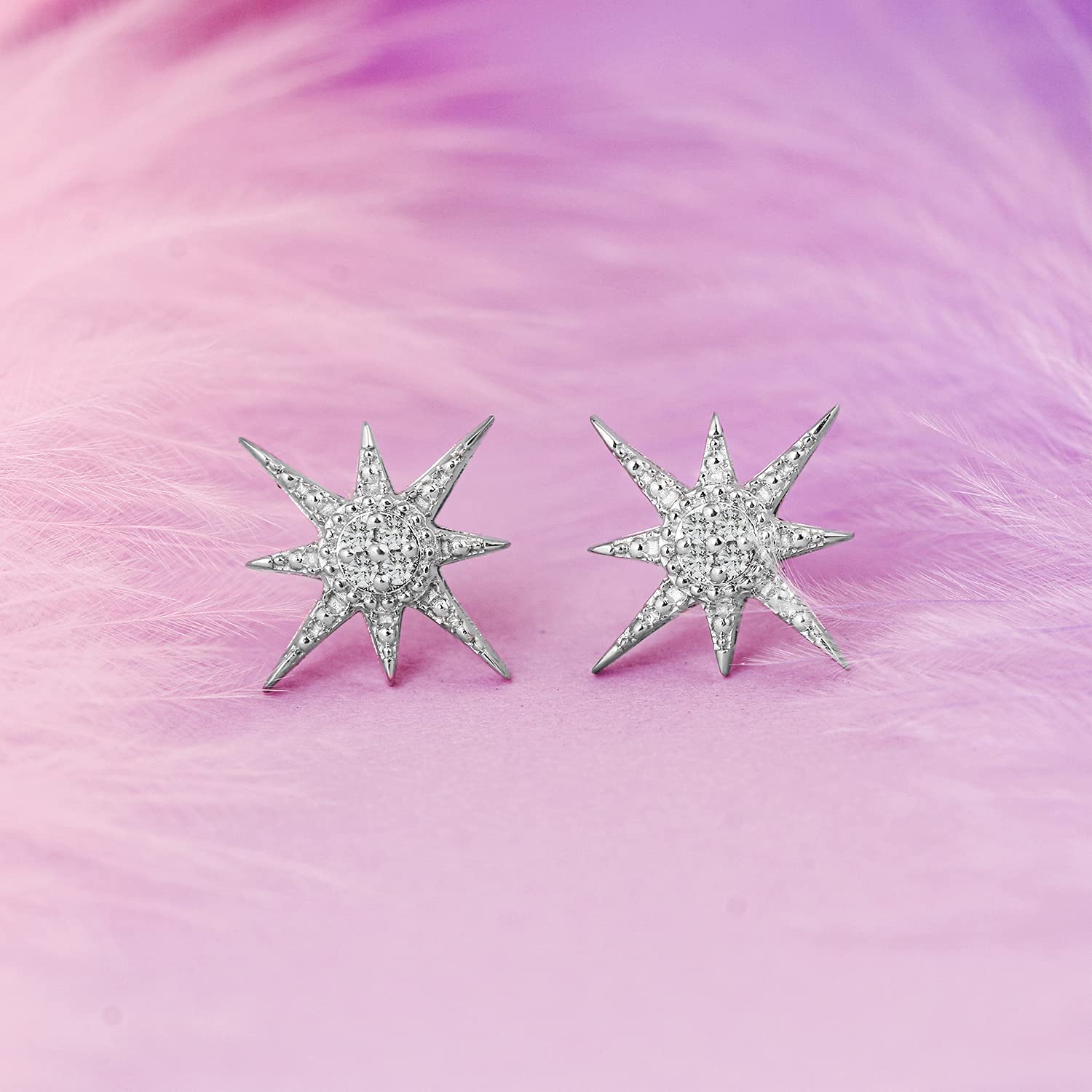 Elmas Round White Diamond Accent 925 Sterling Silver Celestial North Star Stud Earrings for Women
