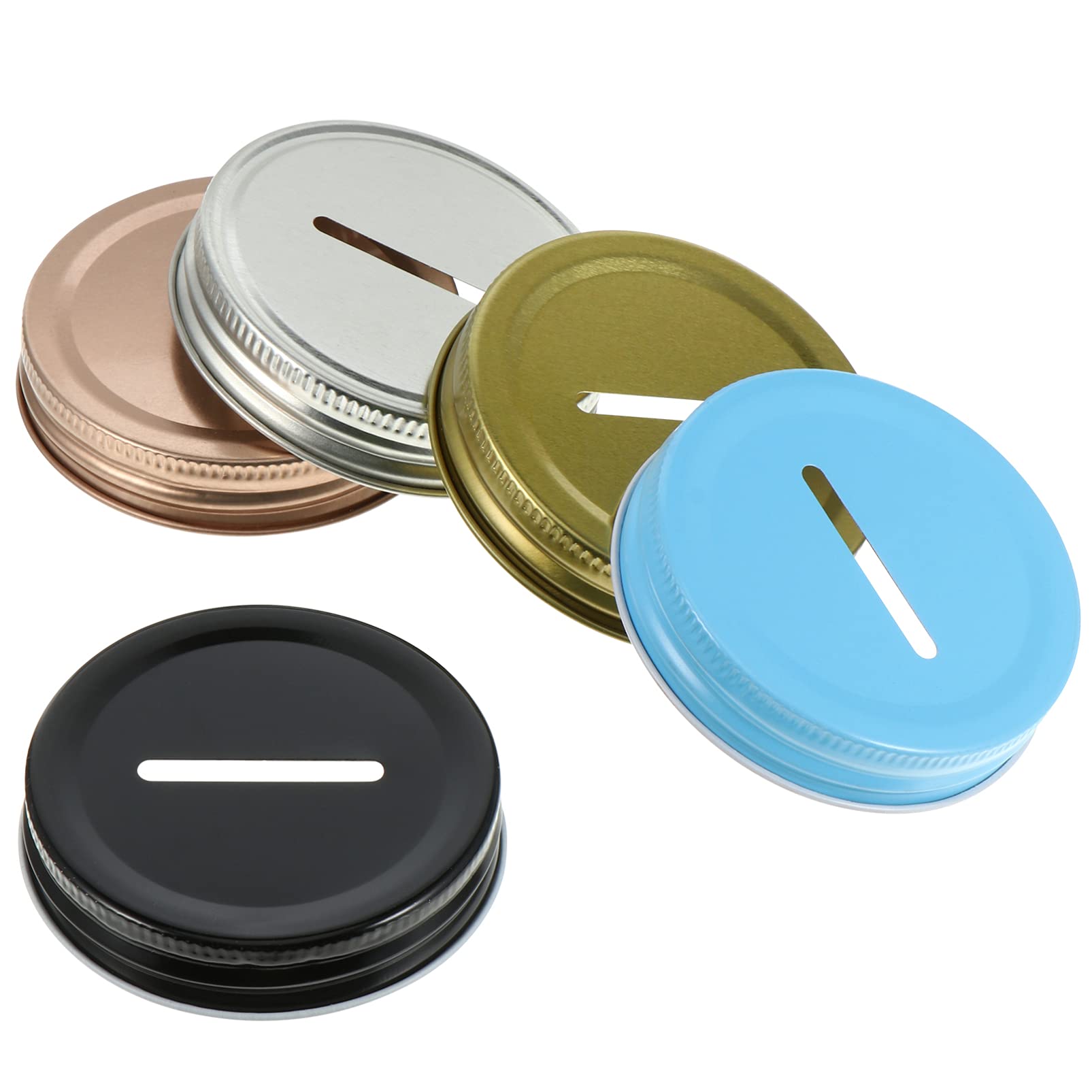 FOMIYES 25Pcs 6 Colored Piggy Bank Lids Jar Coin Bank Lid Metal Coin Slot Piggy Bank Lid Insert for Mason, Ball, Canning Jars (Gold, Silver, Black, Rose Gold, Blue)