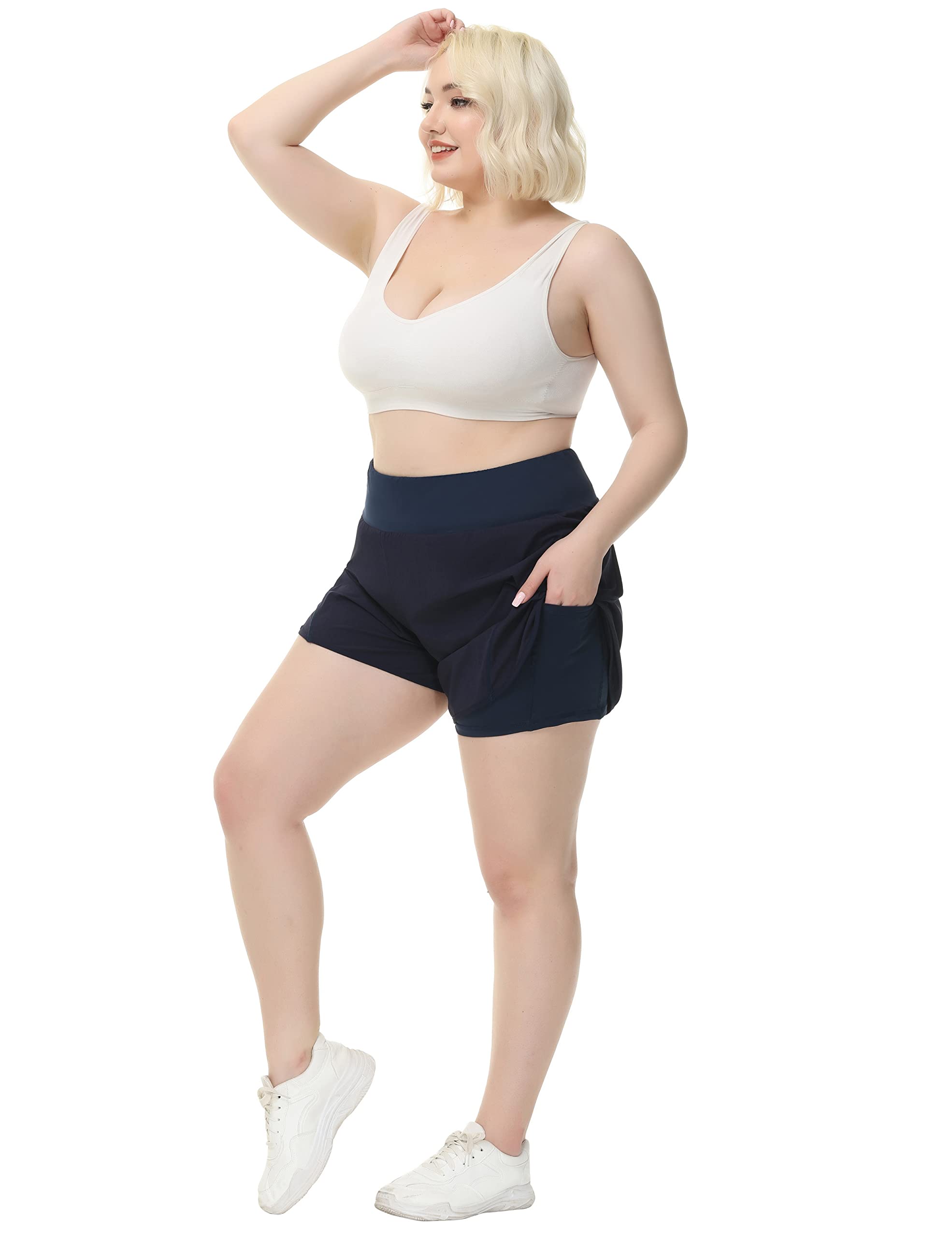 Hanna Nikole Womens High Waisted Running Shorts Quick Dry Athletic Workout Shorts with Liner Zipper Pockets 16W Navy Blue