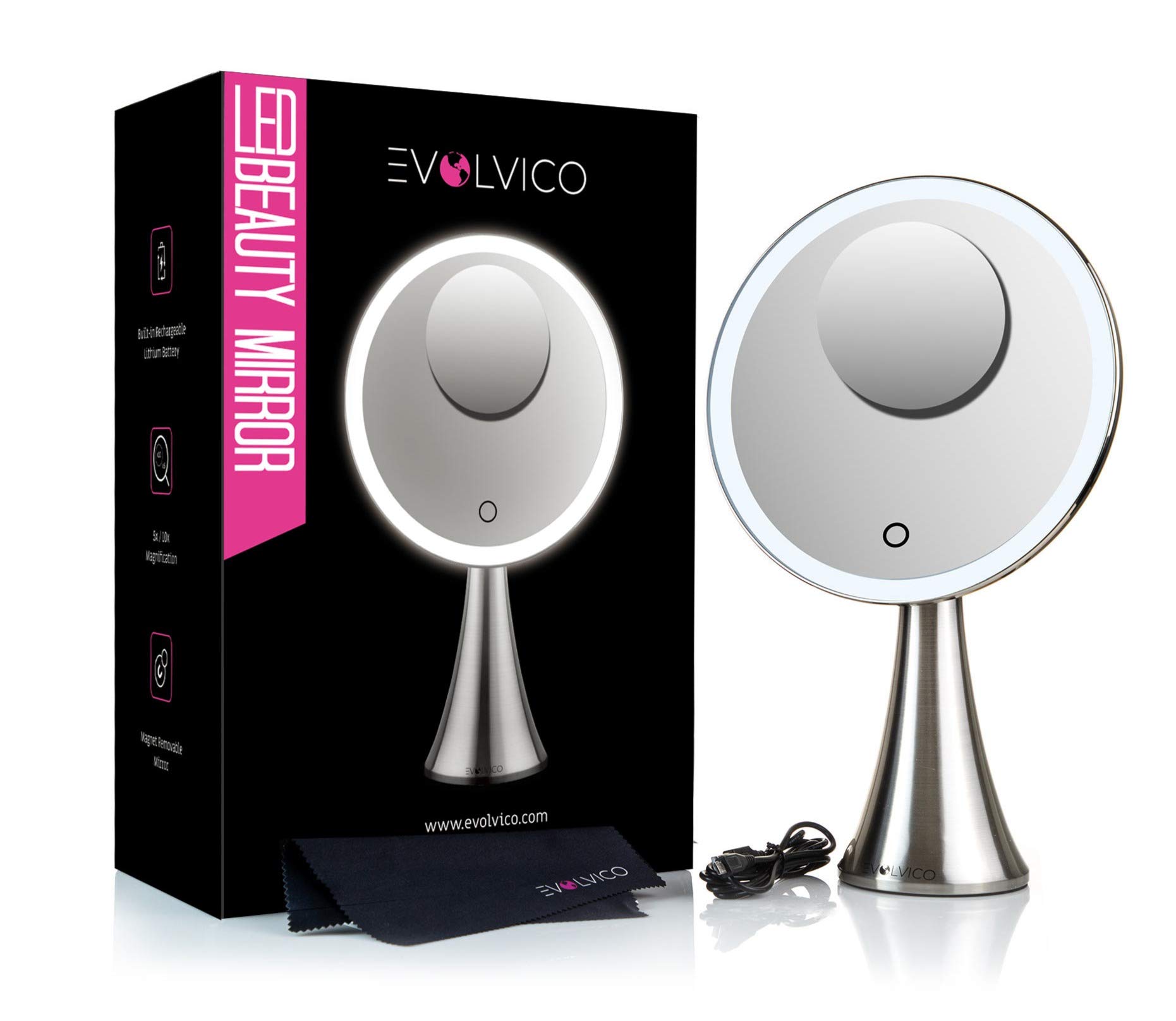 Evolvico 9 inch Lighted Round Makeup Vanity Mirror, 5X/10X Dual Magnification with Ultra Bright LED Lights System, Rechargeable, Cordless, Touch Control Adjustable Brightness, Brushed Stainless Steel