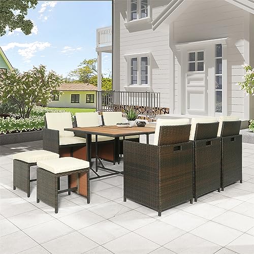Merax 11-Piece Patio Furniture Set, All-Weather PE Wicker Dining Table Set with Wood Tabletop, Foldable 6 Chairs and 4 Stools, Space-Saving Design, Brown Rattan Beige Cushions Zippered