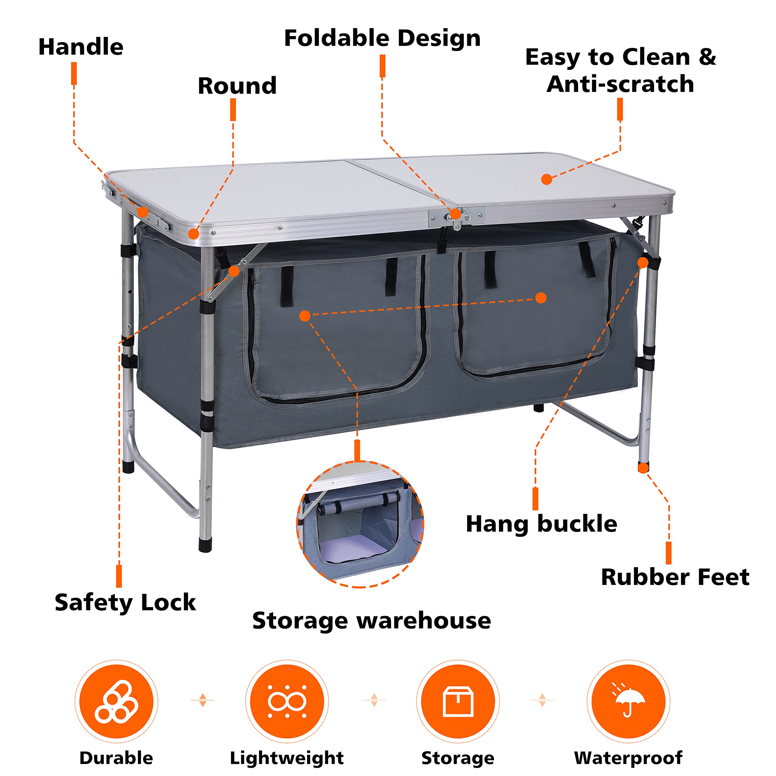 Funcode Folding Camping Table with storage,Portable,Adjustable,Lightweight for Indoor and Outdoor Picnic, Beach, Hiking, Travel, Fishing, BBQ（L）.