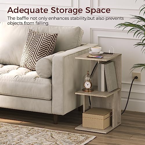 MAHANCRIS End Table with Charging Station, Narrow Side Table for Small Spaces, Sofa Couch Table with Storage Shelf, Slim Nightstand with Light, Beside Table for Bedroom, Living Room, Greige ETHG18E01