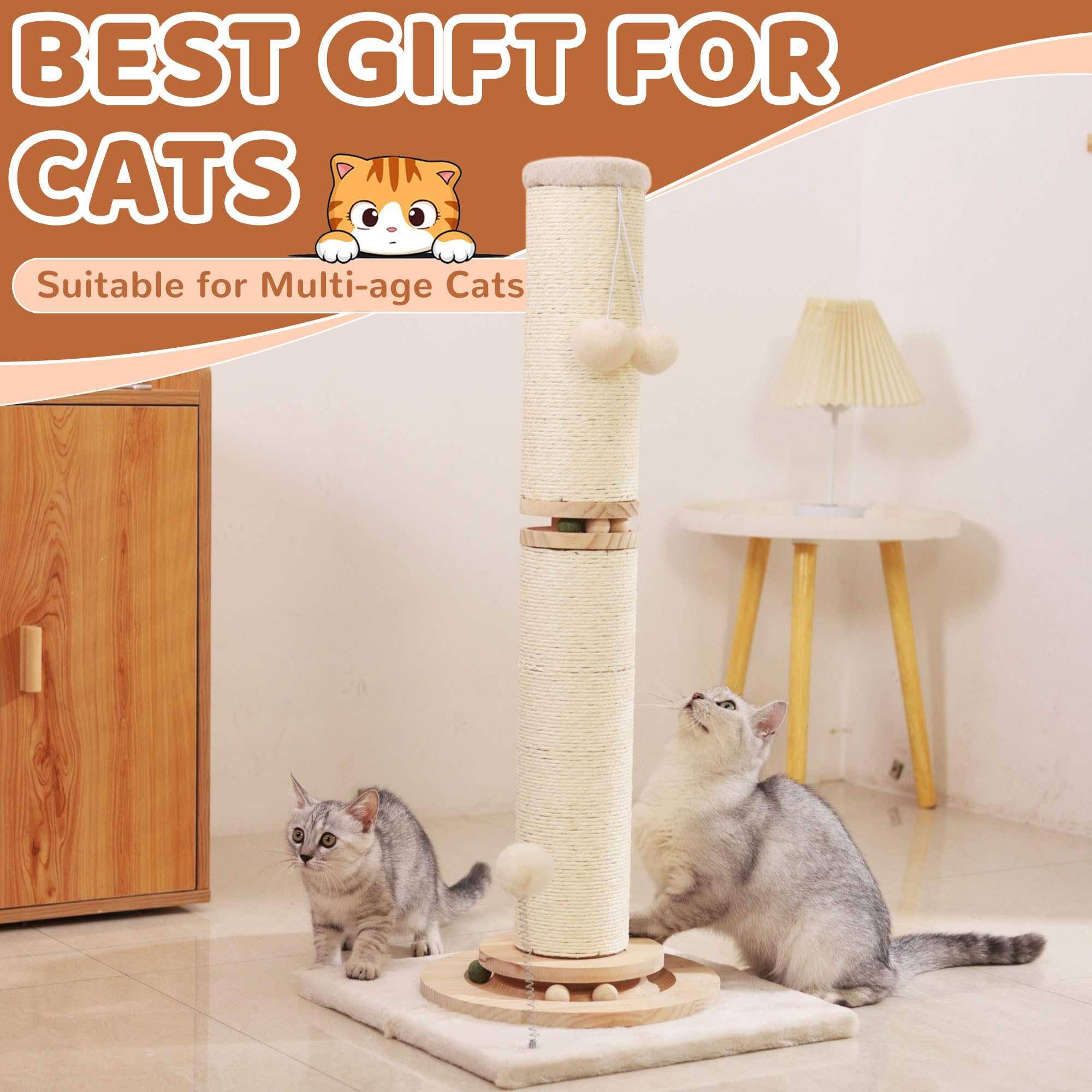 OTOB 33" Tall Cat Scratching Post, 4.3Inch Large Diameter Natural Sisal Rope Scratcher Post, 5-in-1 Interactive Turntable Cat Scratch Post with Soft Hanging Ball Toys for Indoor Large Cats