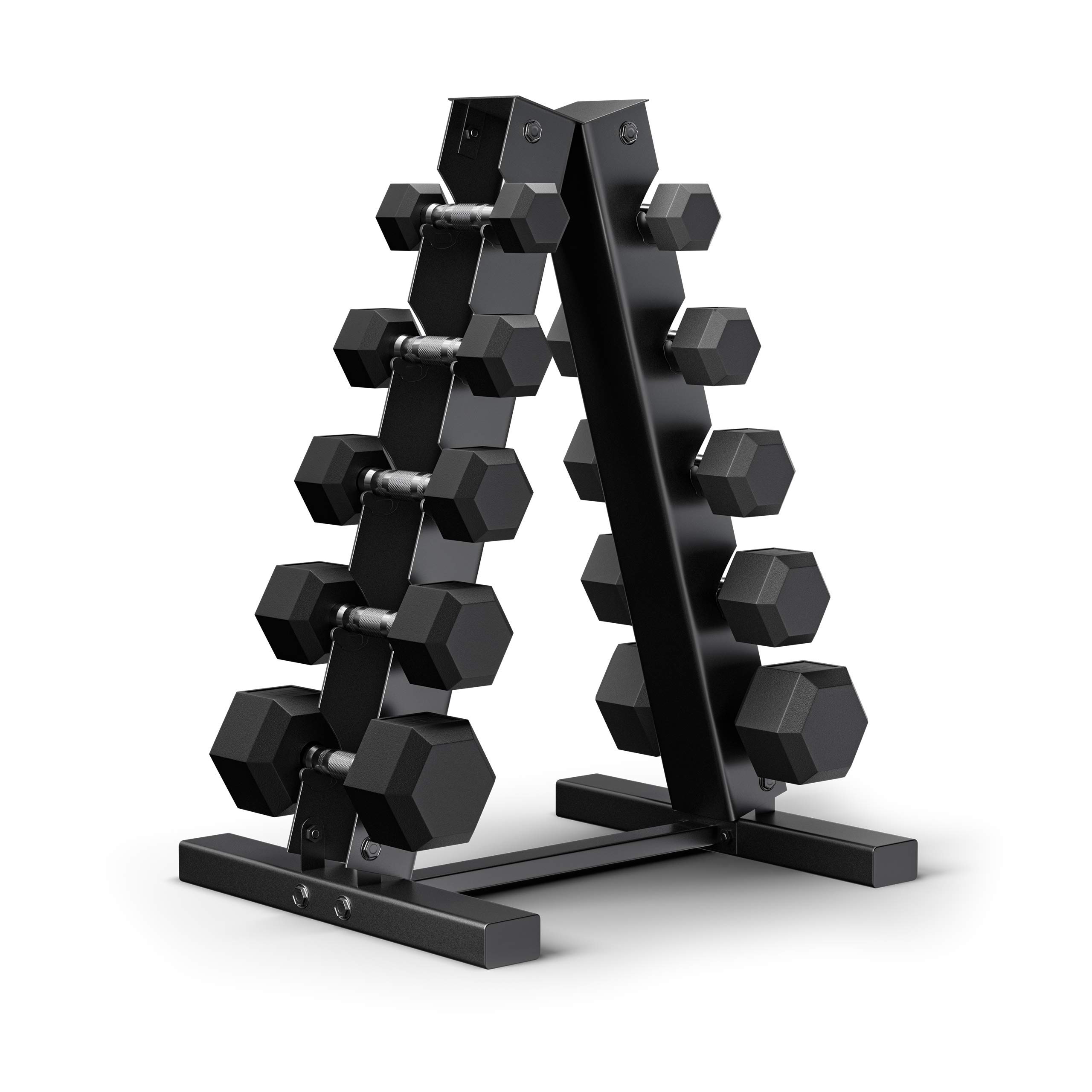 Epic Fitness 150 Pound Premium Hex Dumbbell Set - PVC Coated 5 Pair Black Dumbbell Set with A-Frame Rack - 5, 10, 15, 20 and 25 lb Dumbbells