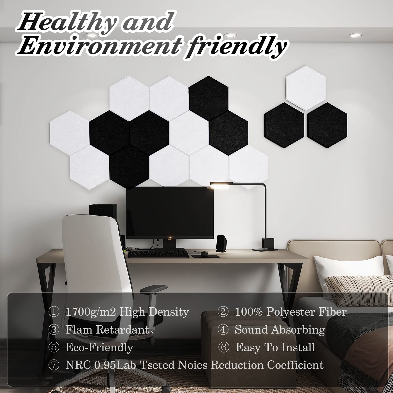 Milewa Acoustic Panels 12 Pack Sound Proof Foam With Triangle Sticking Tool, 14''×12''×0.4'' Hexagon Soundproof Wall Panels, Soundproofing, High-Density Padding(Black)
