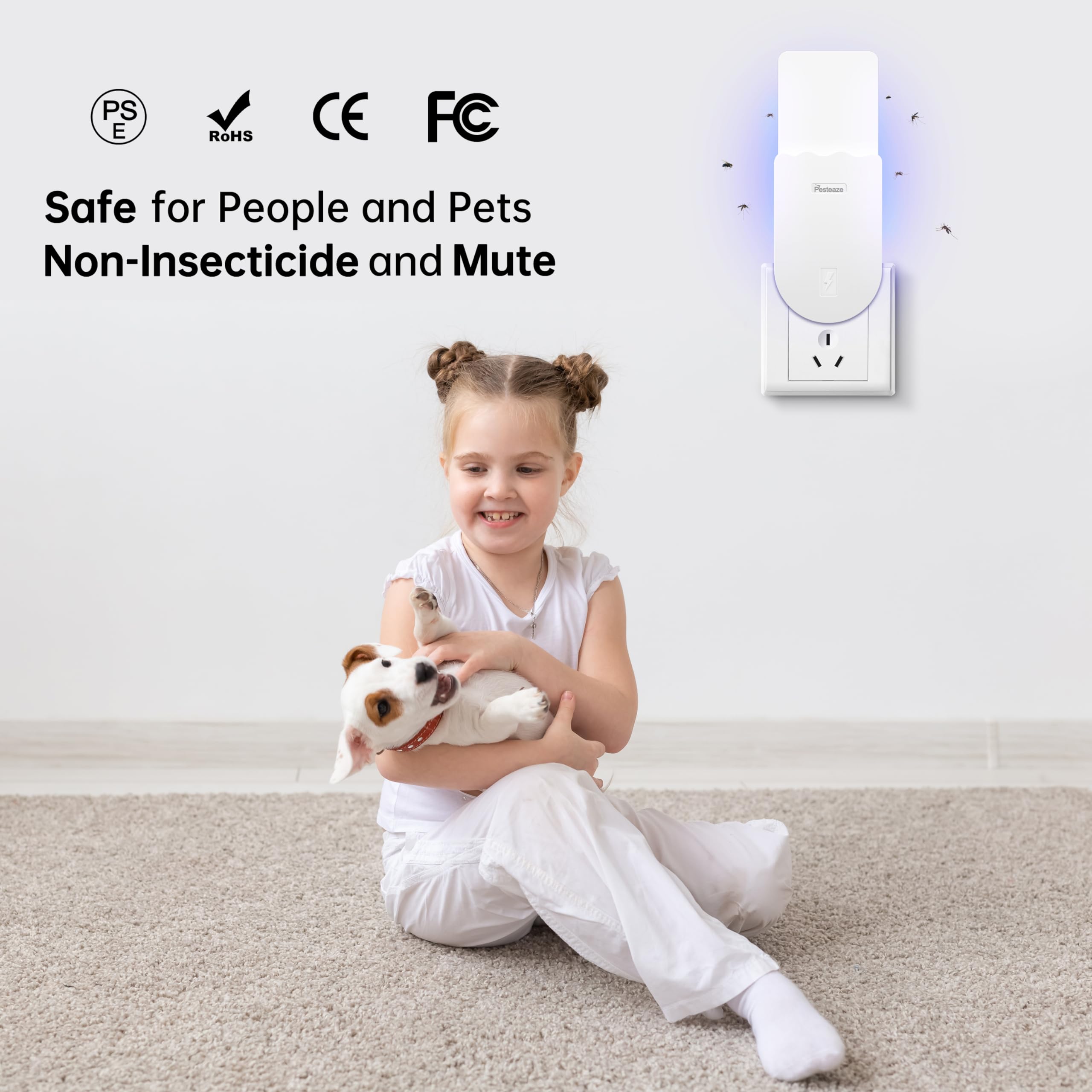 Pesteaze Indoor Plug-in Mosquito Killer, Flying Insect Trap for Flies, Fruit Flies, Moths & Gnats, with Adjustable Brightness UV Attractant Catcher & Night Light, 1 Device + 10 Glue Card Refills