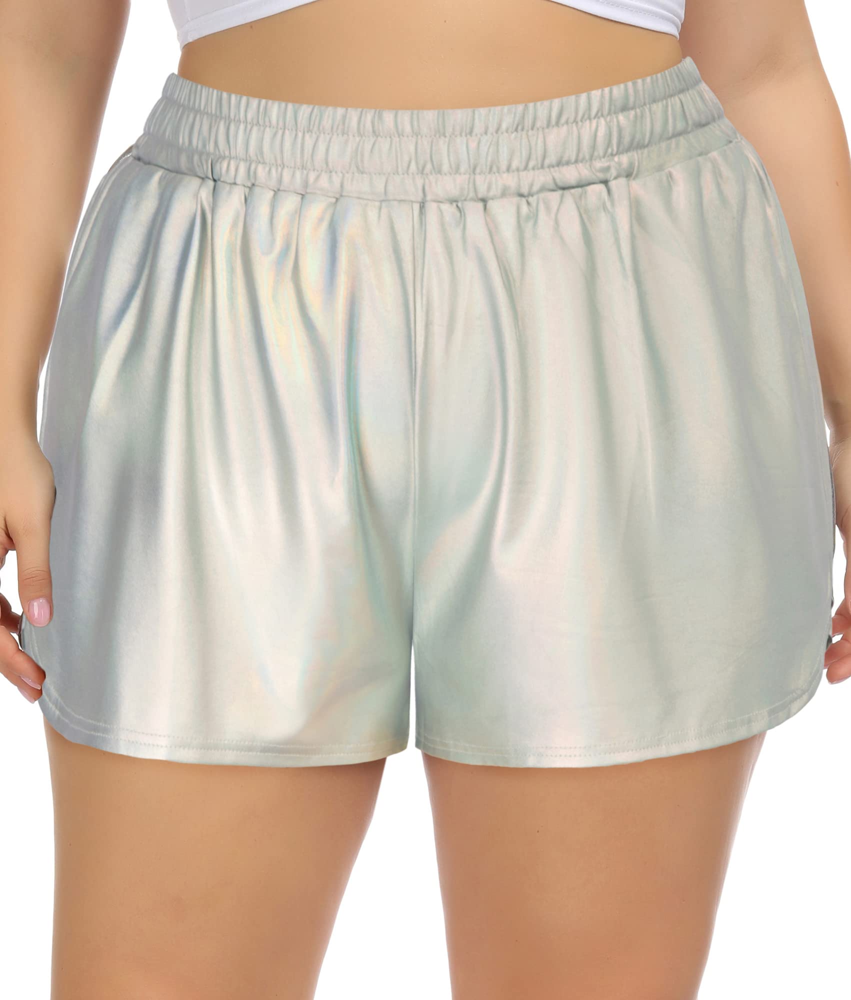 Hanna Nikole Women Plus Size Dance Elastic Waist Shiny Shorts with Pockets Rose Red 24Plus
