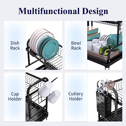 Kitsure Dish Drying Rack - Multipurpose 2-Tier Dish Rack, Dish Drainers for Kitchen Counter, Large-Capacity Dish Dryer, Kitchen Drying Rack for Dishes w/Cutlery Holder 4064GY