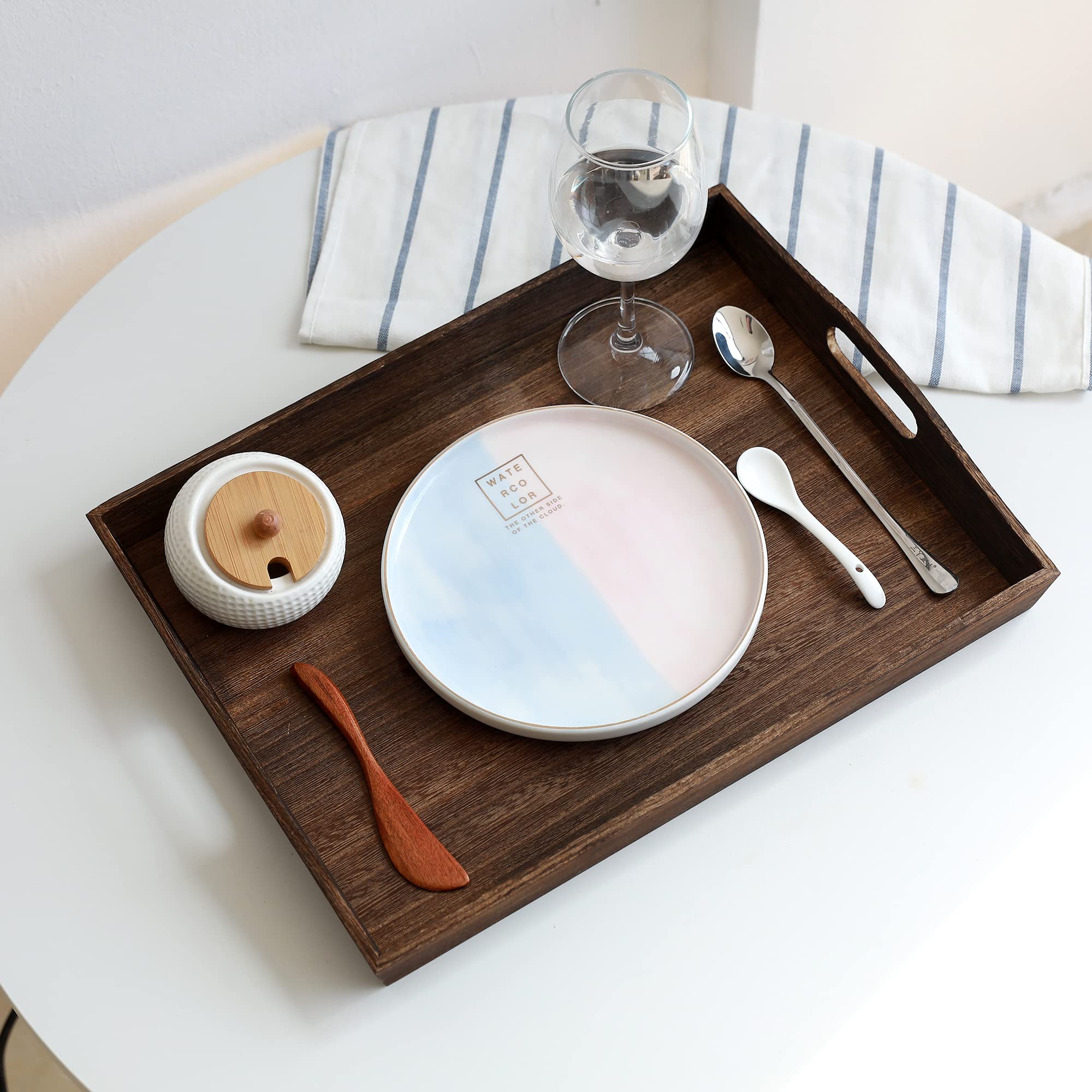 HEITICUP Wooden Serving Trays-Three Piece Set of Rectangular Shape Wood Coffee Table with Cut Out Handles, Kitchen Nesting Trays for Eating, Serving Pastries, Snacks, Mini Bars, Party