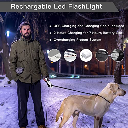 Retractable Dog Leash with LED Flashlight & Poop Bag Holder, 16FT Heavy Duty Leash with Chew Proof Cable for Large Medium Small Dog up to 110lbs, Anti-Slip Soft Handle, 360° Tangle-Free White/Black
