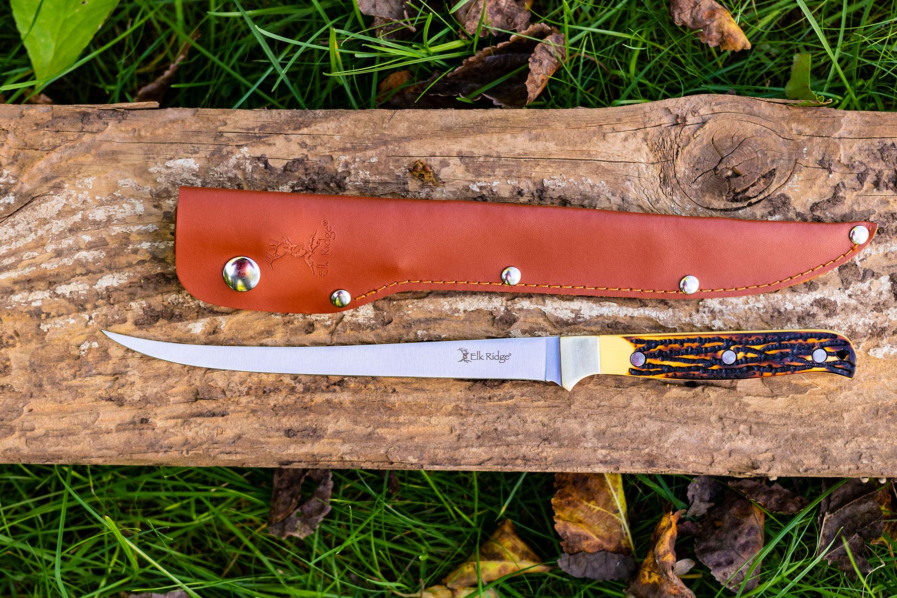 Elk Ridge - Outdoors Fixed Blade Fillet Knife - 12.25-in Overall, 440 Stainless Steel Blade, Jig Bone Handle, Leather Sheath - Hunting, Camping, Survival - ER-146