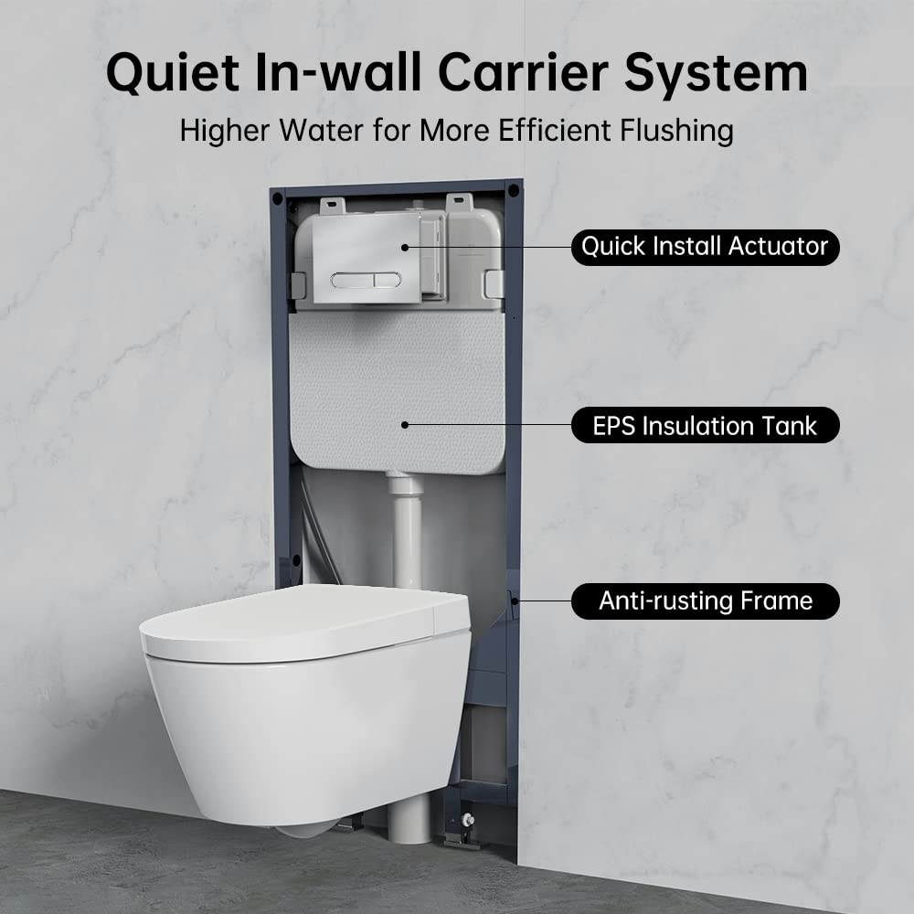 EPLO Intelligent Wall-Hung Toilet with In-Wall Tank System,One-piece Elongated Smart Toilet with Bidet Built in,Heated Seat, Warm Air Dryer,Auto Flush,Nightlight,Remote Control (White)