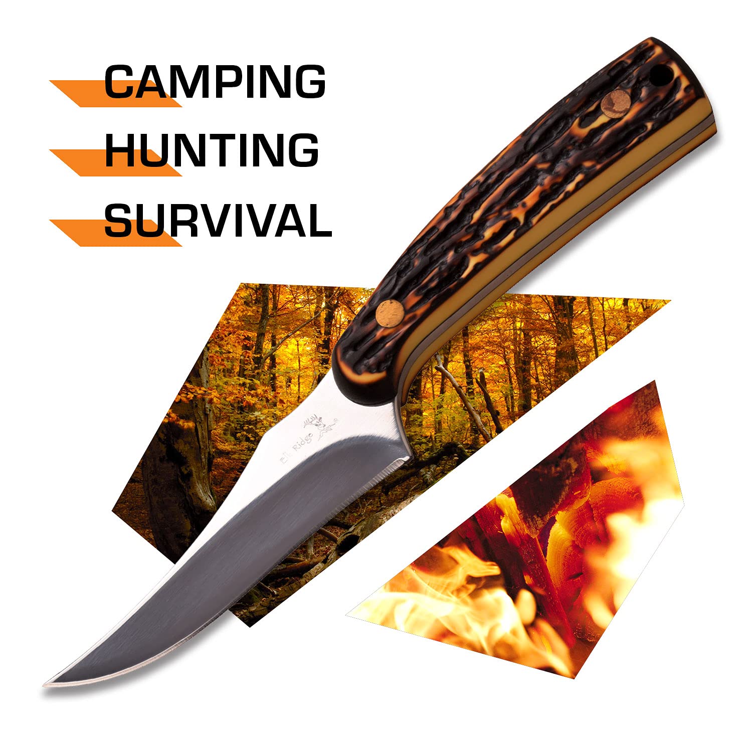 Elk Ridge - Outdoors Fixed Blade Knife - 7-in Overall, 3-in Black Stainless Steel Blade, Simulated Bone Handle, Nylon Sheath - hunting, Camping, Survival - ER-299I