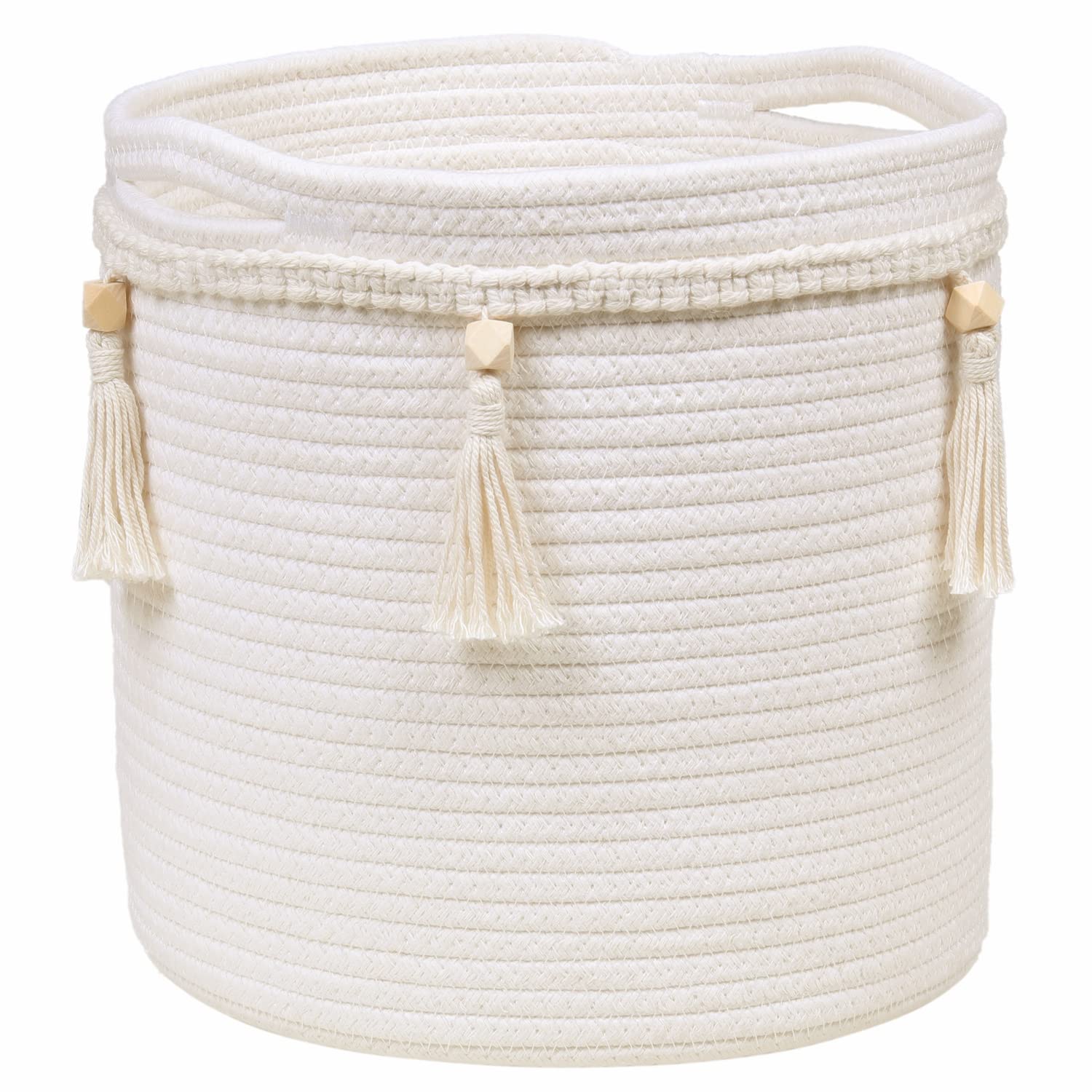 guzhiou Boho Basket with Cute Macrame Woven Tassel, Cotton Rope Storage Bins Organizer for Boho Room Decor,Bedroom Decor,Plant Basket 11"X11"