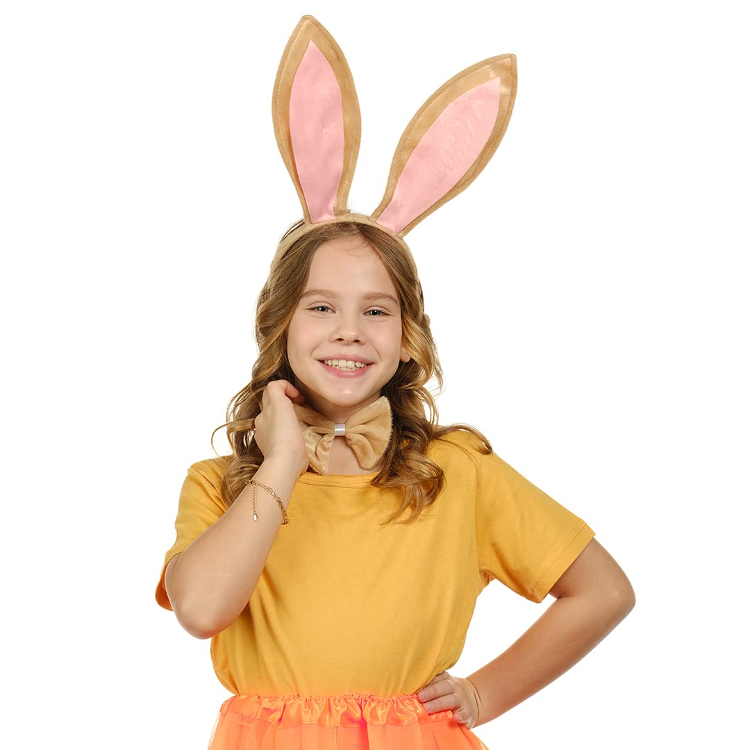 Funcredible Brown Bunny Ears and Tail Set - Bunny Ears Headband, Bunny Tail and Bowtie - Bunny Costume Set - Rabbit Costume Cosplay Accessories for Kids and Adult