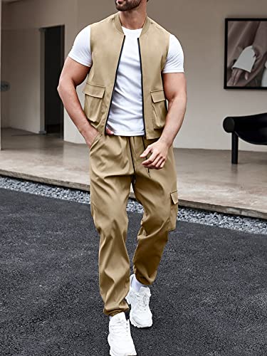 NIBHZ Two Piece Outfits for Men Men Flap Pocket Bomber Jacket & Cargo Pants Without Tee (Color : Khaki, Size : Medium)