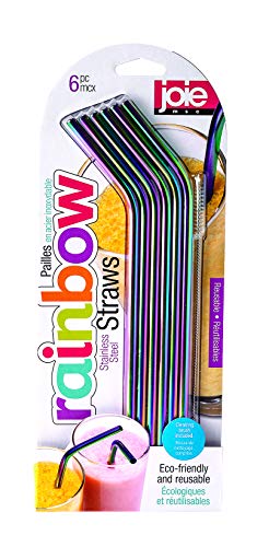 Joie Rainbow Drinking Straws | 6 Stainless Steel Reusable Straws with Brush, Eco-Friendly Metal Straws with an Iridescent Shine