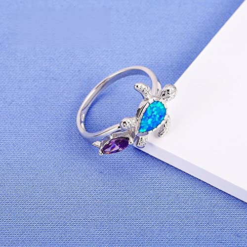 Fire Opal Ring Blue And Purple Color Wedding Band Luxury Turtle Jewelry 925 Sterling Silver Ring For Women