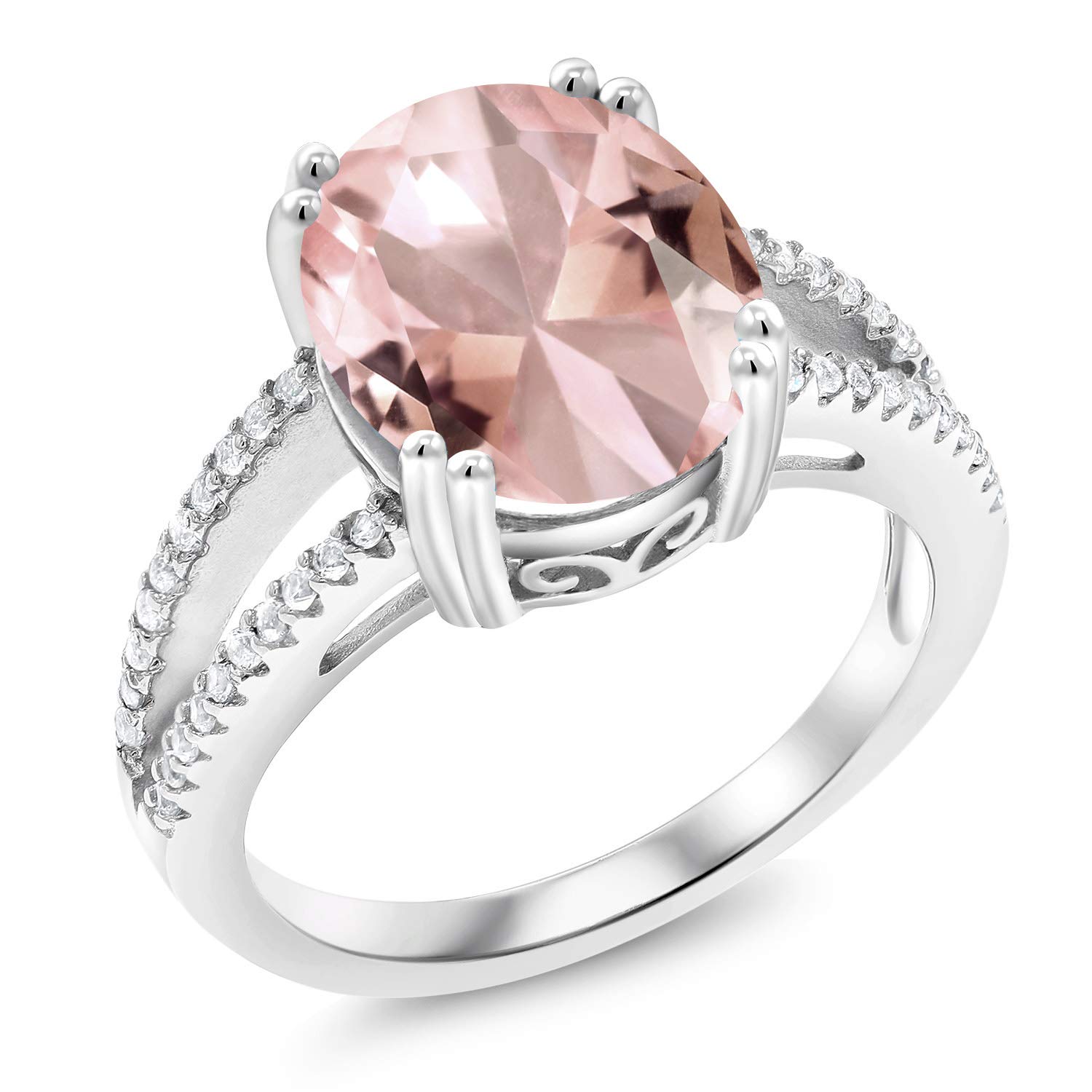Gem Stone King 925 Sterling Silver Peach Simulated Morganite Women Ring (5.21 Cttw, Oval 12X10MM, Available 5,6,7,8,9) (Size 8)