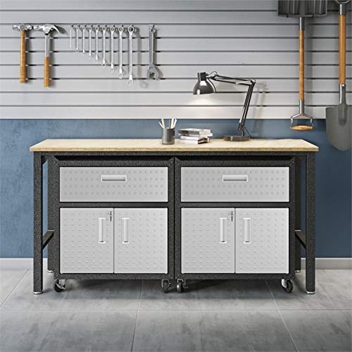 Pemberly Row Space Saving Metal 3 Piece Garage Storage Set with Two Mobile Cabinets with Drawer and 72" W Worktable