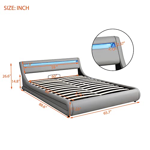 MACHOME Queen Size Faux Leather Upholstered Platform Bed with Hydraulic Storage System, with LED Light Upholstered Headboard, Bedframe w/Wood Slat Support, for Bedroom, Kids Room, Guest Room, Gray