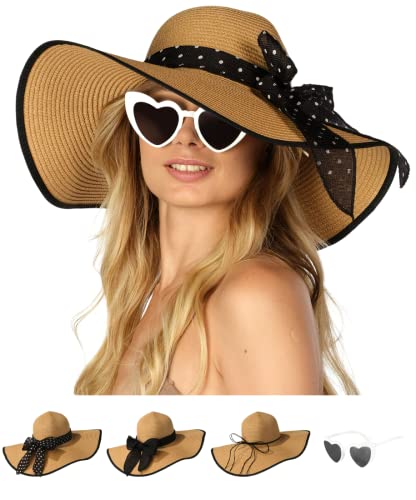 Funcredible Khaki Sun Hat for Women - Khaki Wide Brim Hat - Large Floppy Beach Hat - Straw Sun Hats with Bow and Heart Shape Glasses (Black Rim)