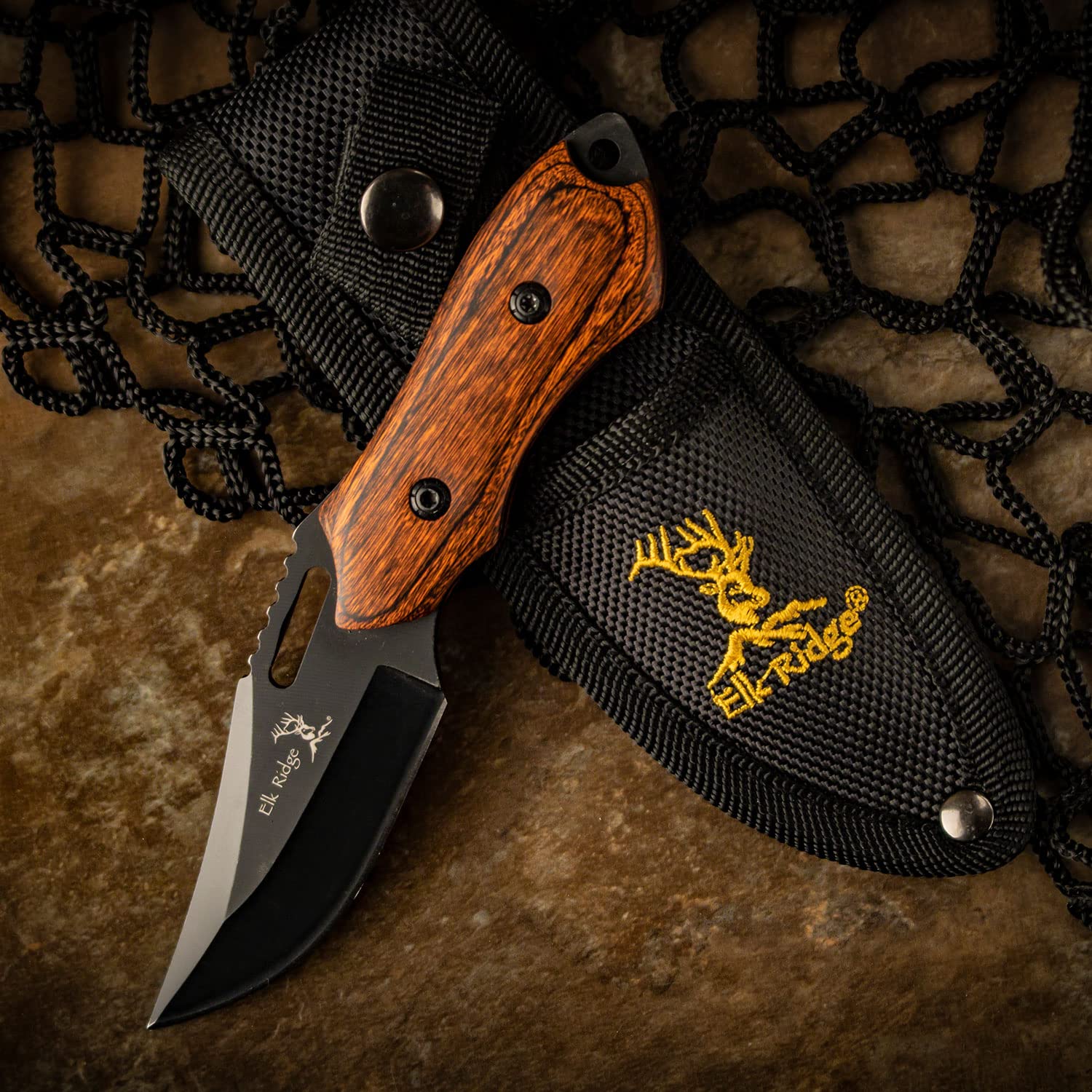 Elk Ridge - Outdoors Fixed Blade Knife - 6-in Overall, 3-in Black Stainless Steel Blade, Brown Wood Handle, 1680D Nylon Sheath - Hunting, Camping, Survival - ER-562WD