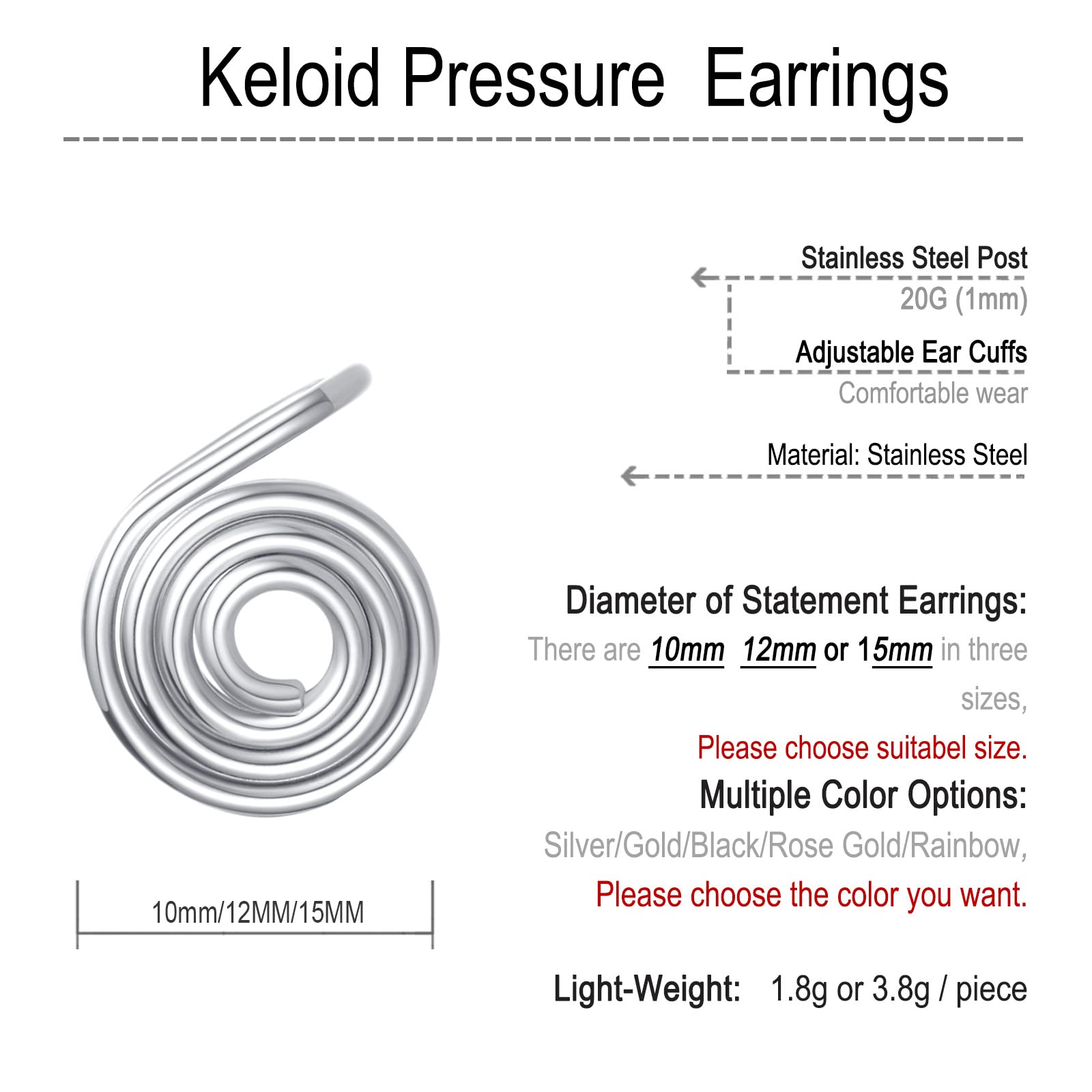 FLYUN Pressure Earring for Keloids, Clip On Earring, Ear Cuff, Stainless Steel Spiral Non-pierced Earrings (10MM, silver&gold&black)