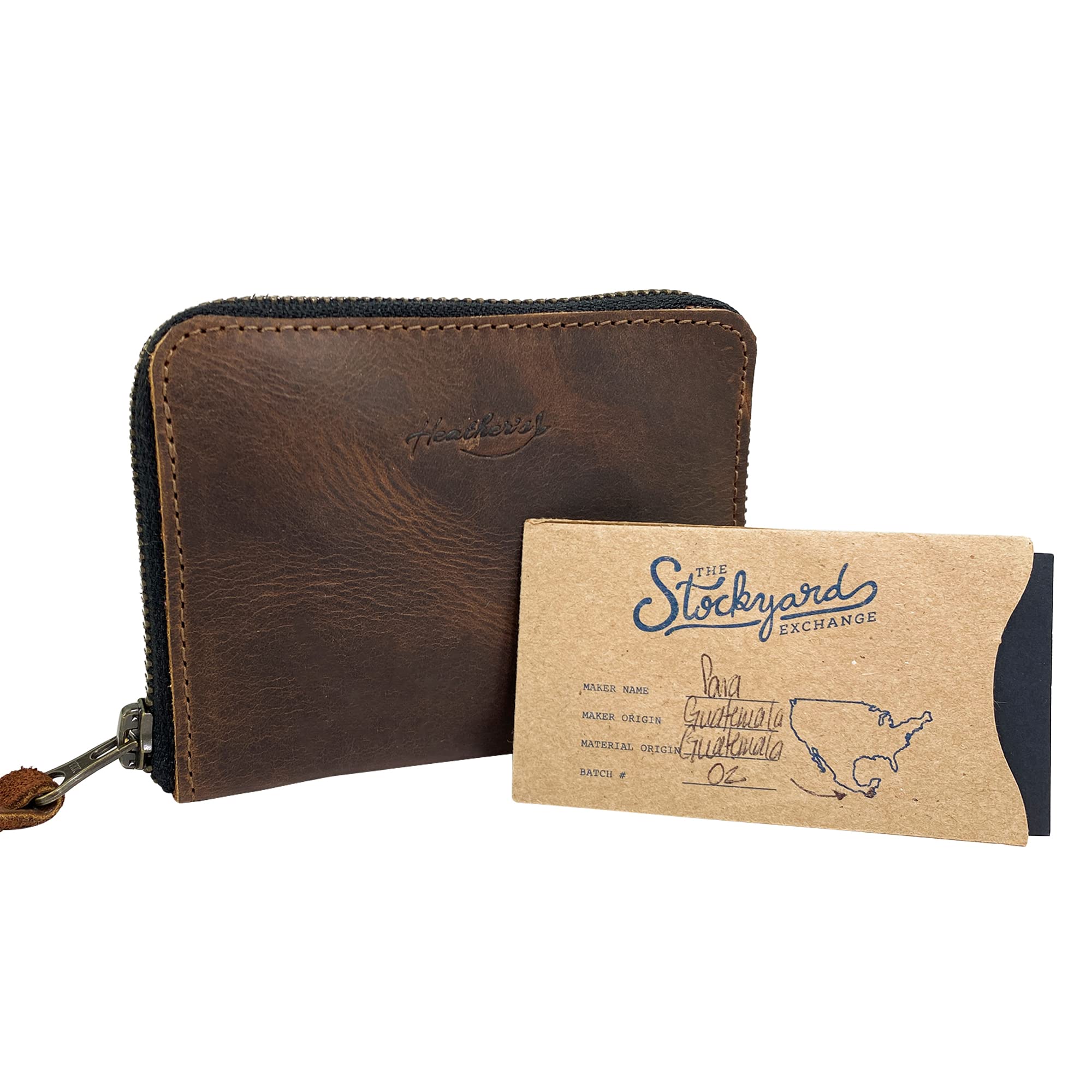 Heather's, Zippered Wallet Handmade from Full Grain Leather - Business Card & Money Holder, Compact Pocket Organizer, Everyday Accessories - Bourbon Brown