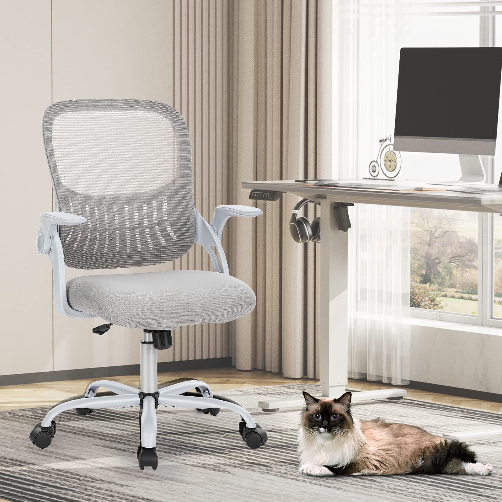 edx Office Computer Desk Chair, Mid-Back Ergonomic Mesh Rolling Work Swivel Task Chairs with Wheels, Comfortable Lumbar Support, Comfy Flip-up Arms for Home, Bedroom, Study, Student, Grey