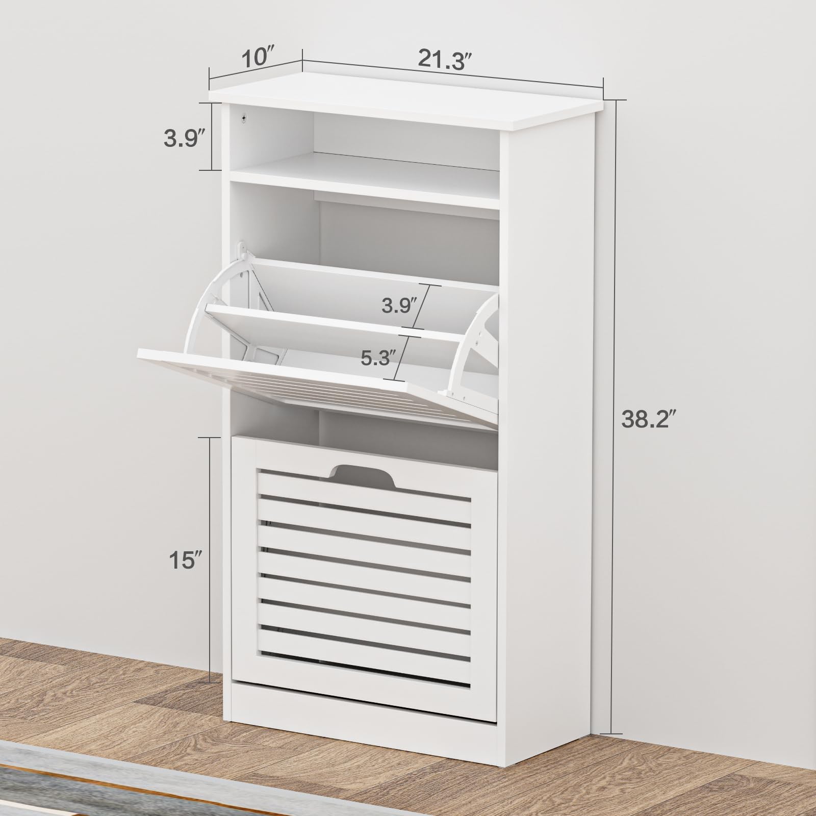 TENNTOU Shoe Storage Cabinet with 2 Flip Drawers & Top Cubby, Shoe Cabinet for Entryway Slim, Free Standing Shoe Rack Cabinet, Narrow Shoe Organizer for Entryway, Hallway, Bedroom, White
