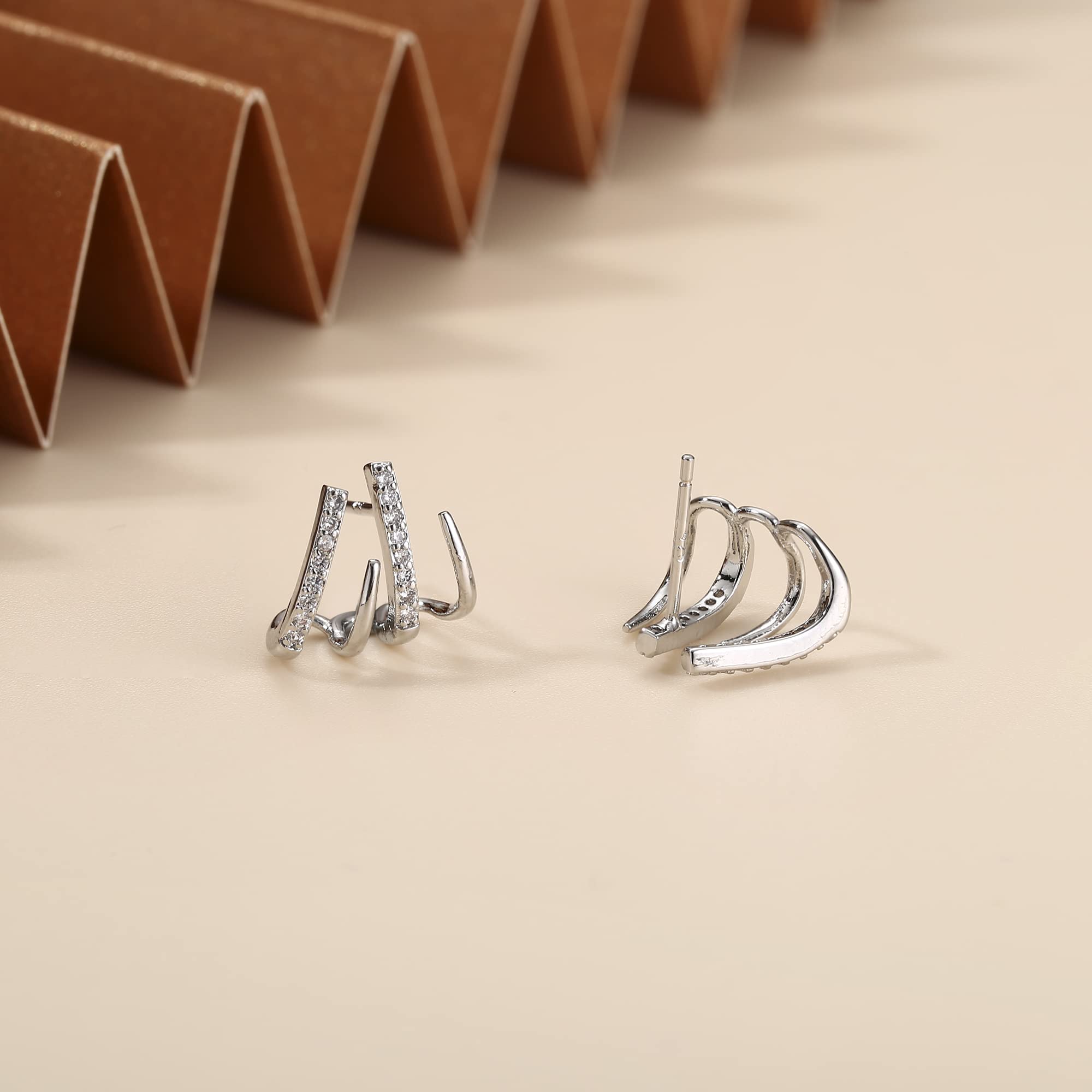 Fansilver 925 Sterling Silver Claw Earrings Cubic Zirconia 14K Gold Plated Cuff Earrings Triple Huggie Illusion Stud Earrings Ear Cuffs Earrings for Women Trendy, Silver