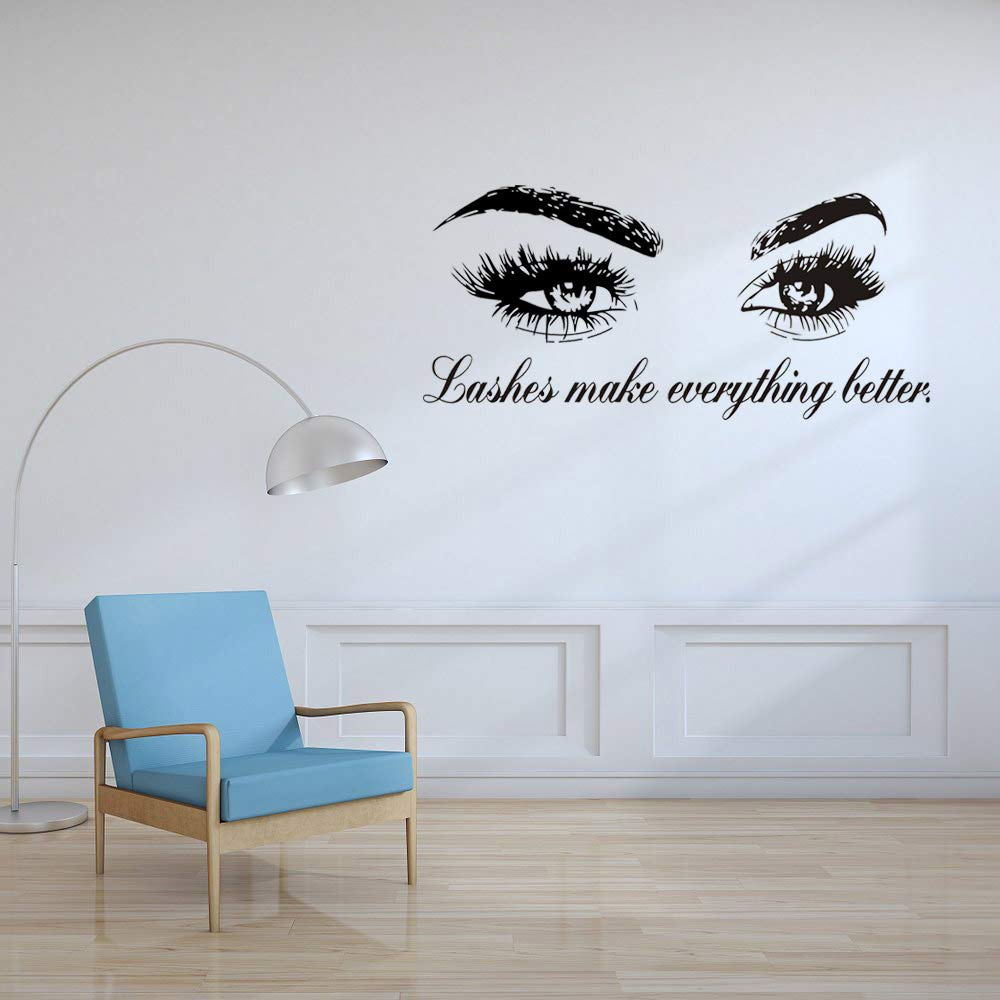 DNVEN Eyelash Stickers Girl Wall Decals Quotes Lashes Make Everything Better Beauty Salon Wall Decals Makeup Wall Decors Vinyl Removable Murals Bedrooms Lash Room Decor for Women Room 31 x 16 inches