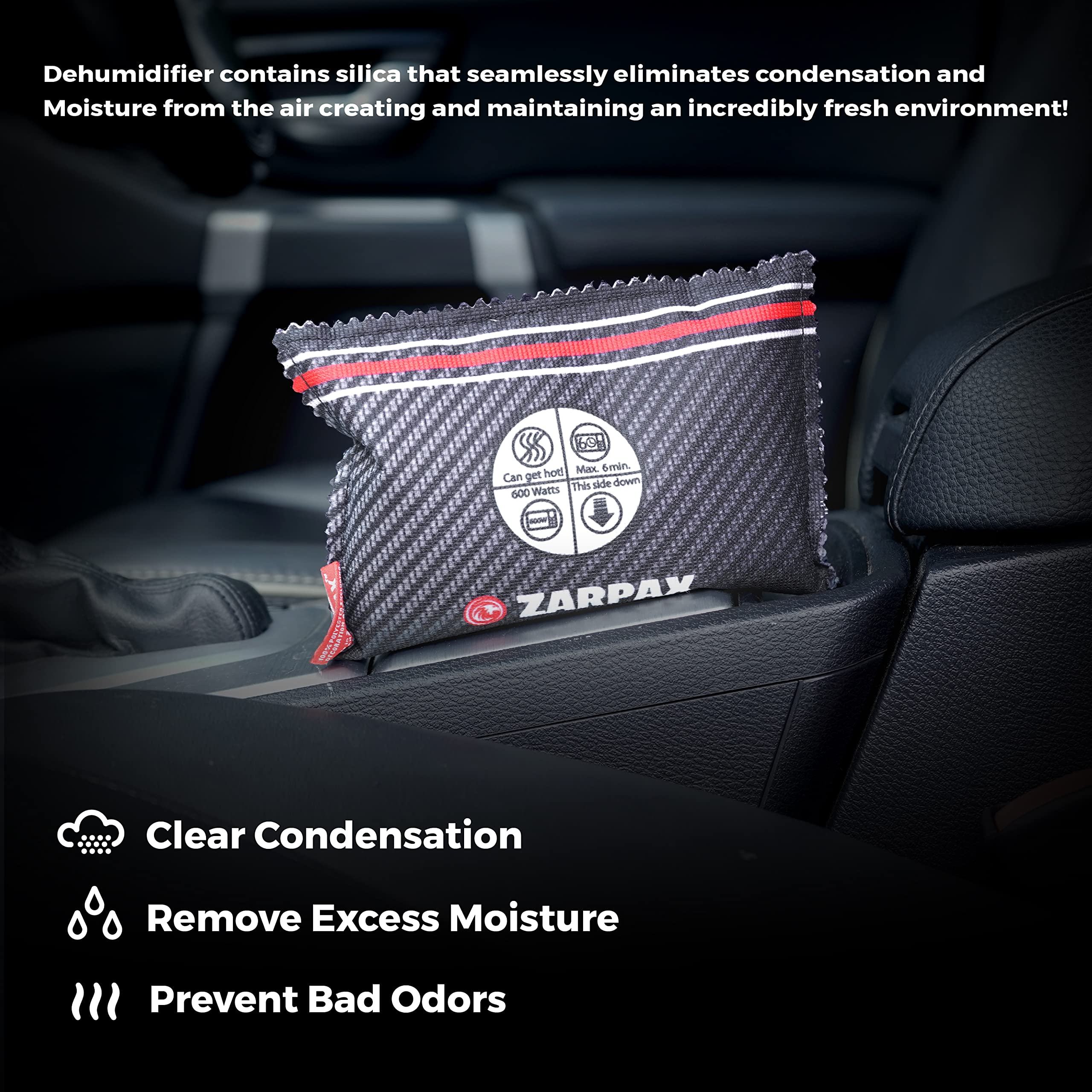 ZARPAX Car Dehumidifier Bag 2 pack | Absorbs Moisture, Damp, & Condensation on Windscreens & Car Interior | 100% Leakproof | Reusable Dehumidifier | Dashboard Dehumidifier & Car Condensation Remover