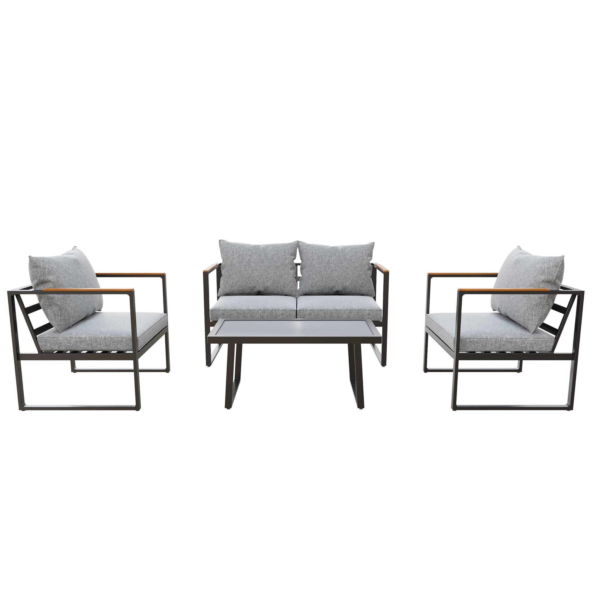 EAST OAK Courtyard Patio Furniture Set, 4-Piece Outdoor Patio Set with Sofa, Removable & Washable Deep Seating Cushion, Tempered Glass Table, Outside Patio Conversation Sets, Black & Light Grey