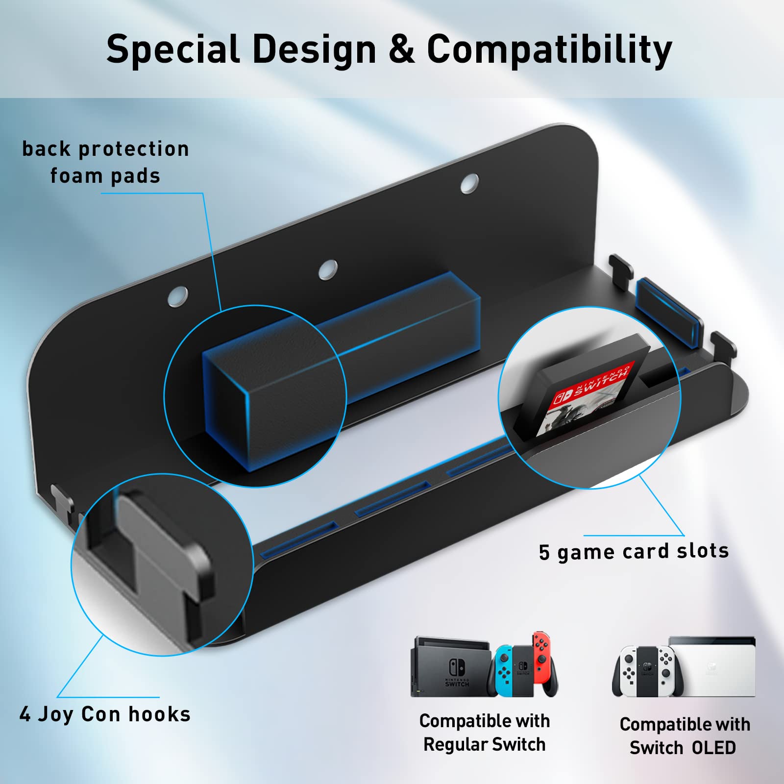 HANTNOOL Upgraded Wall Mount for Switch and Switch OLED, Metal Wall Mount Bracket with Back Airflow Gap Design, 4 Hooks for Joy Cons and 5 Game Card Holders (Black)