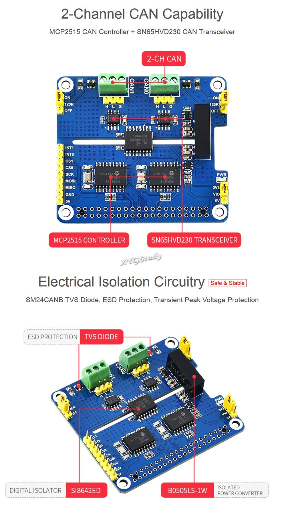 for Raspberry Pi 2-Channel Isolated CAN Bus Expansion HAT MCP2515 + SN65HVD230 Dual Chips Solution 3.3V/5V Breakout SPI STM32 with Multi Onboard Protection Circuits 2-CH @XYGStudy