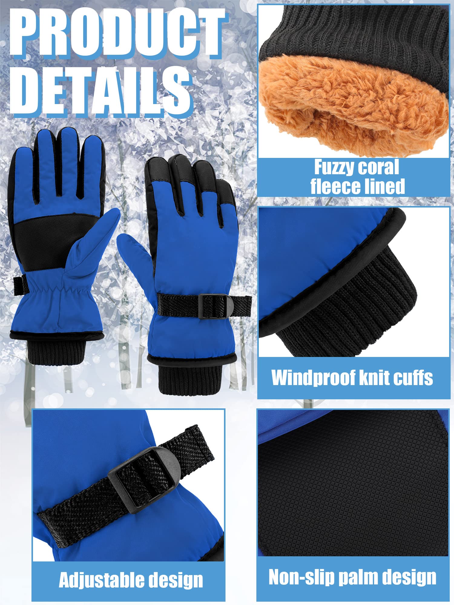 Eurzom 2 Pairs Kids Winter Gloves Waterproof Ski Gloves Windproof Warm Unisex Ski Gloves Warm Snow Gloves with Hook and Loop(Red, Blue, for 6-13 Years)